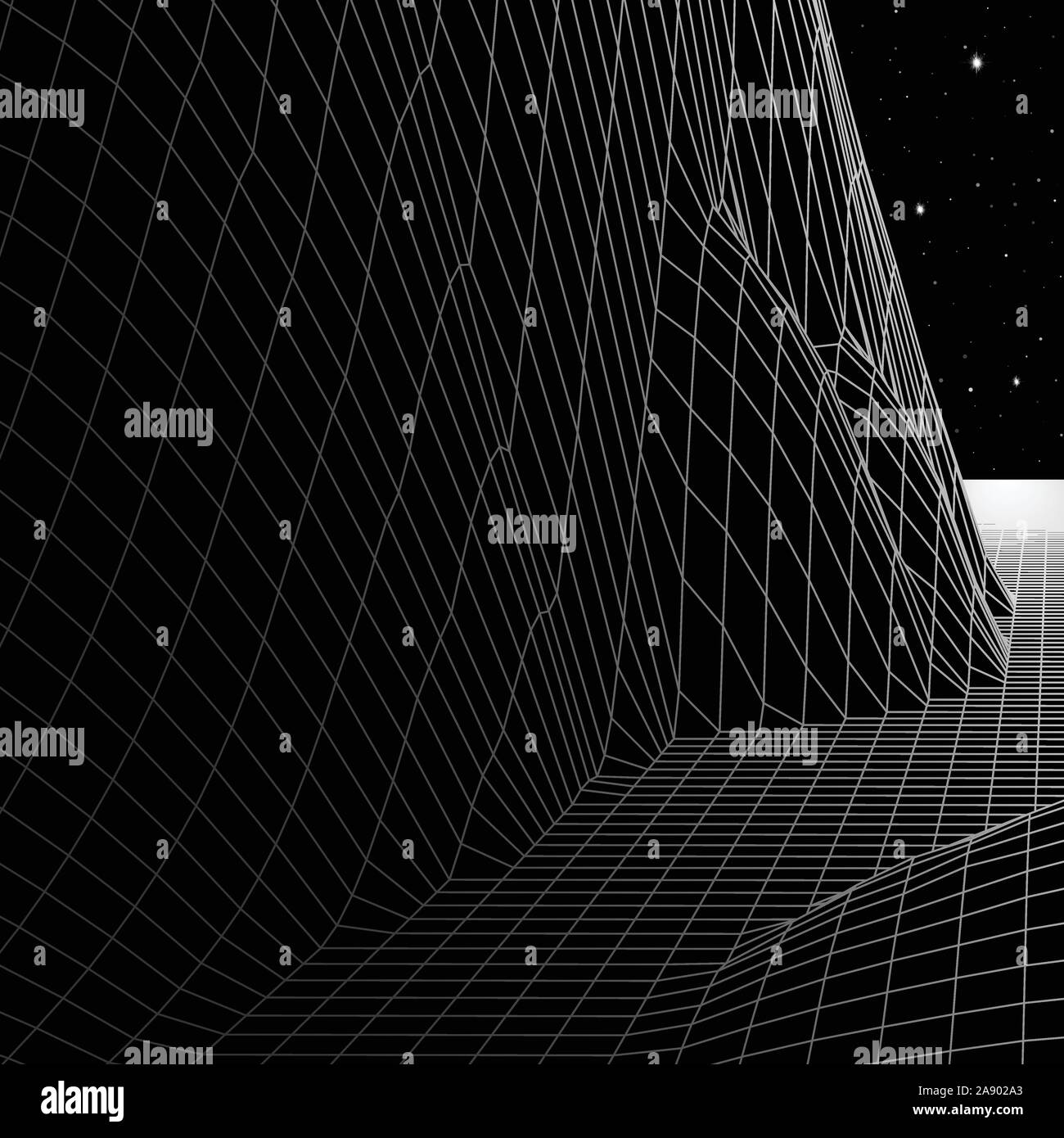 Landscape with wireframe grid of 80s styled retro computer game or ...