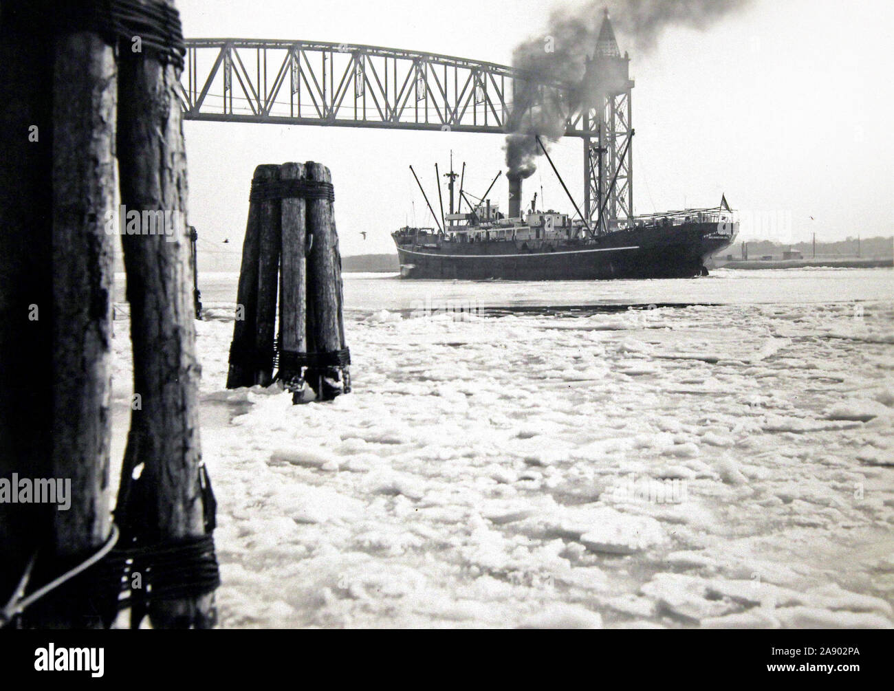 Cargo Ship SS Pan Atlantic Passing under Railroad Bridge, Cape Cod ...