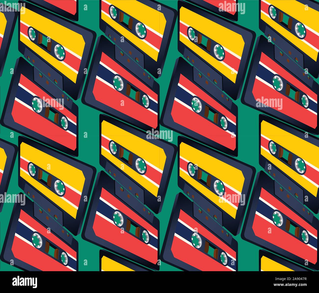 Compact cassette seamless pattern with floating or flying tape in ...