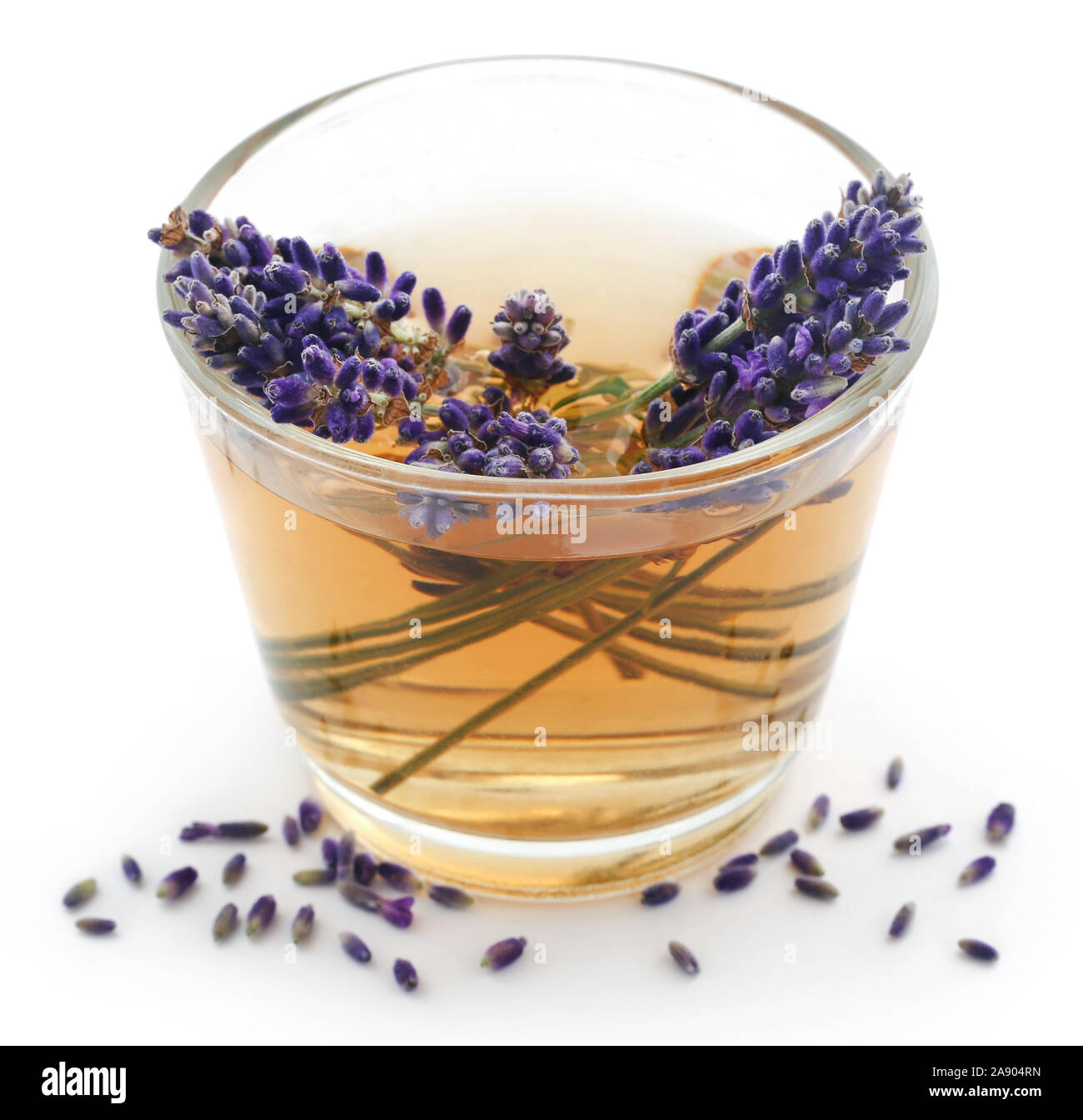 Lavender tea with flower over white background Stock Photo - Alamy