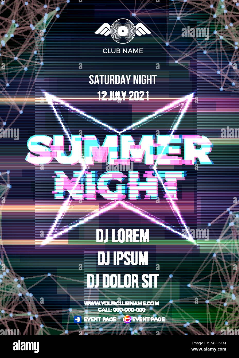 Glitch party poster with red background and ellipse for summer night ...