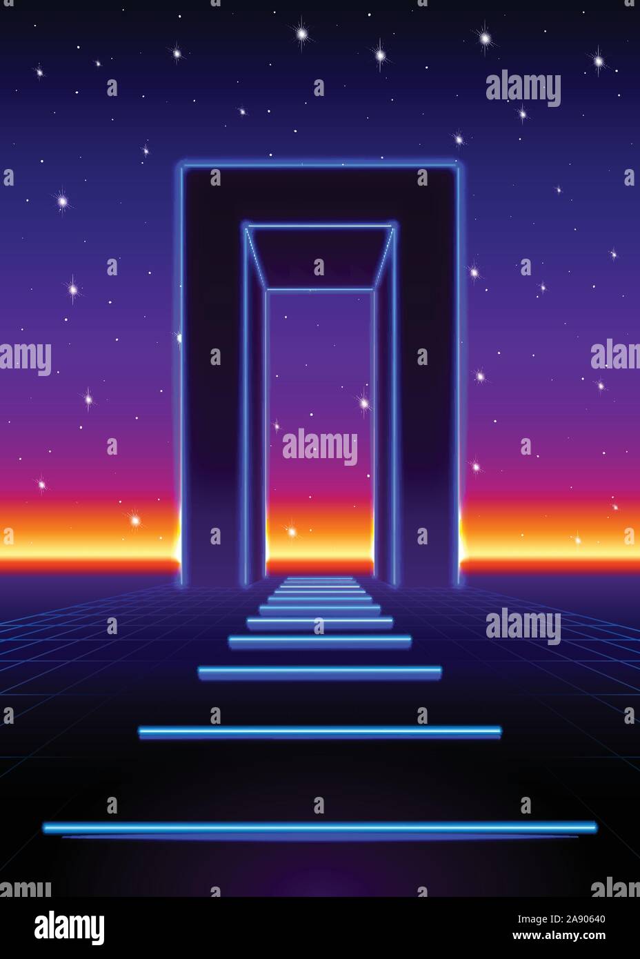 Neon 80s styled massive gate in retro game landscape with shiny road to ...
