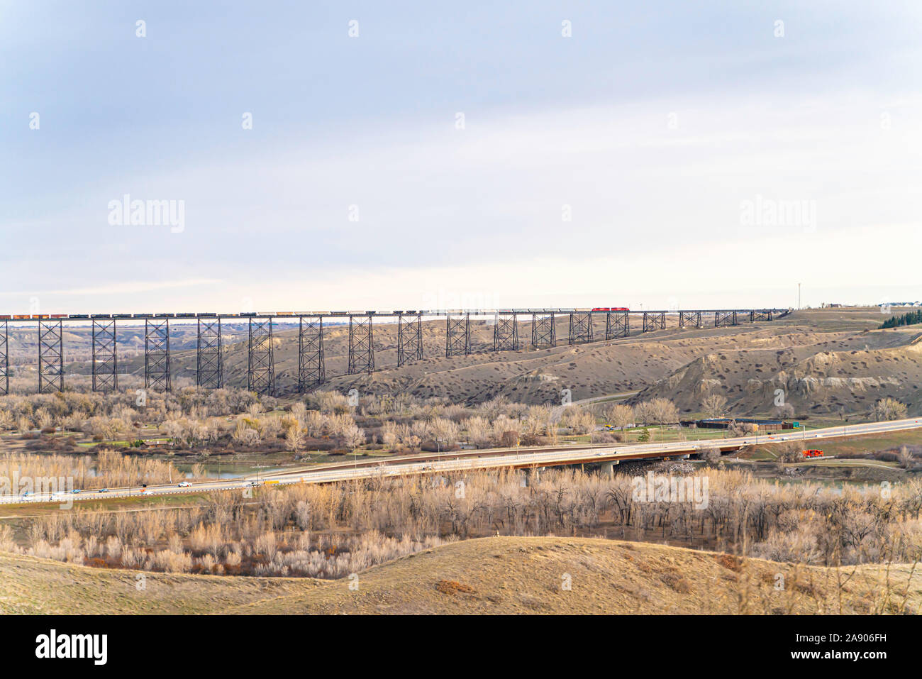 High Level Railway Bridge in Lethbridge with a train on top Stock Photo ...