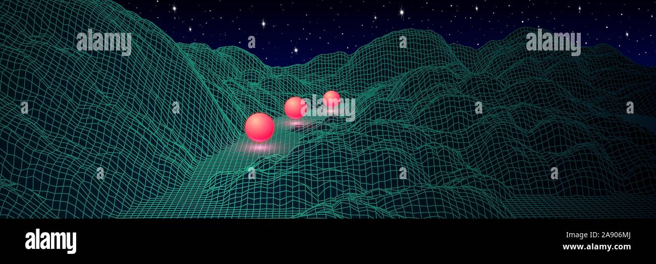 Landscape with wireframe grid of 80s styled retro computer game Stock ...