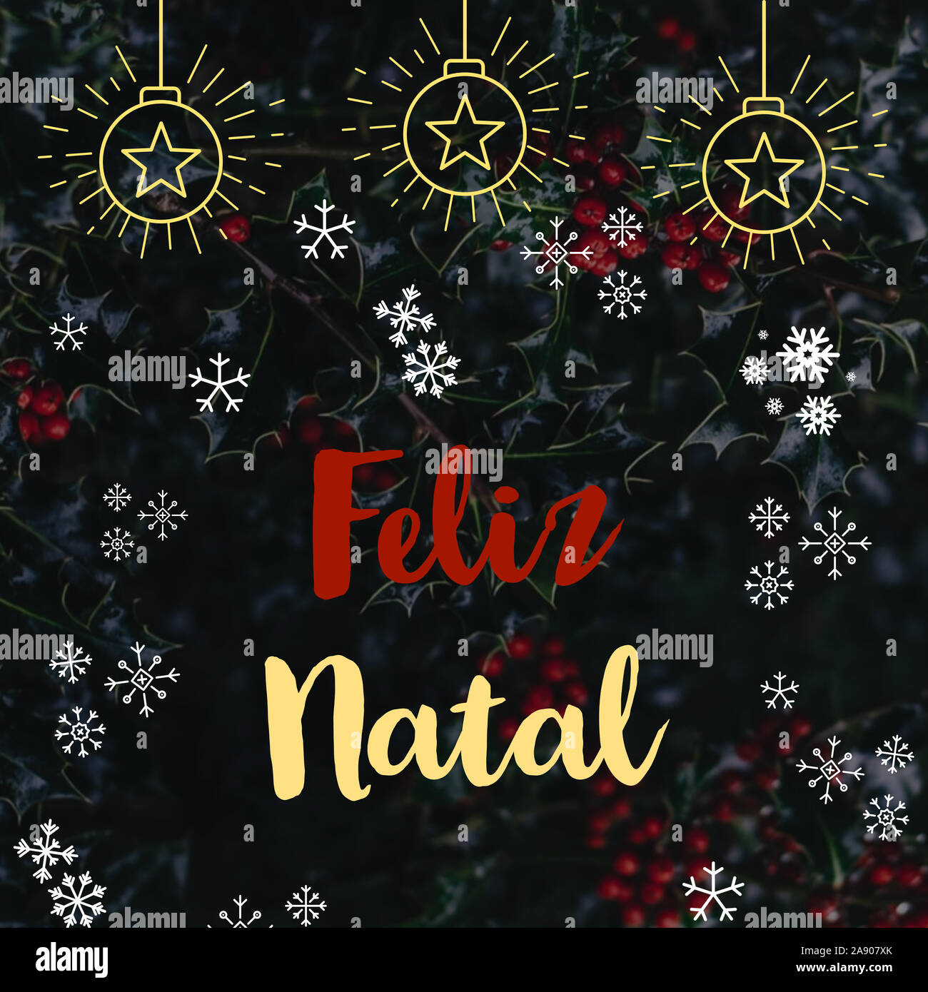 Illustration with "Feliz Natal" written in Portuguese language, with ...