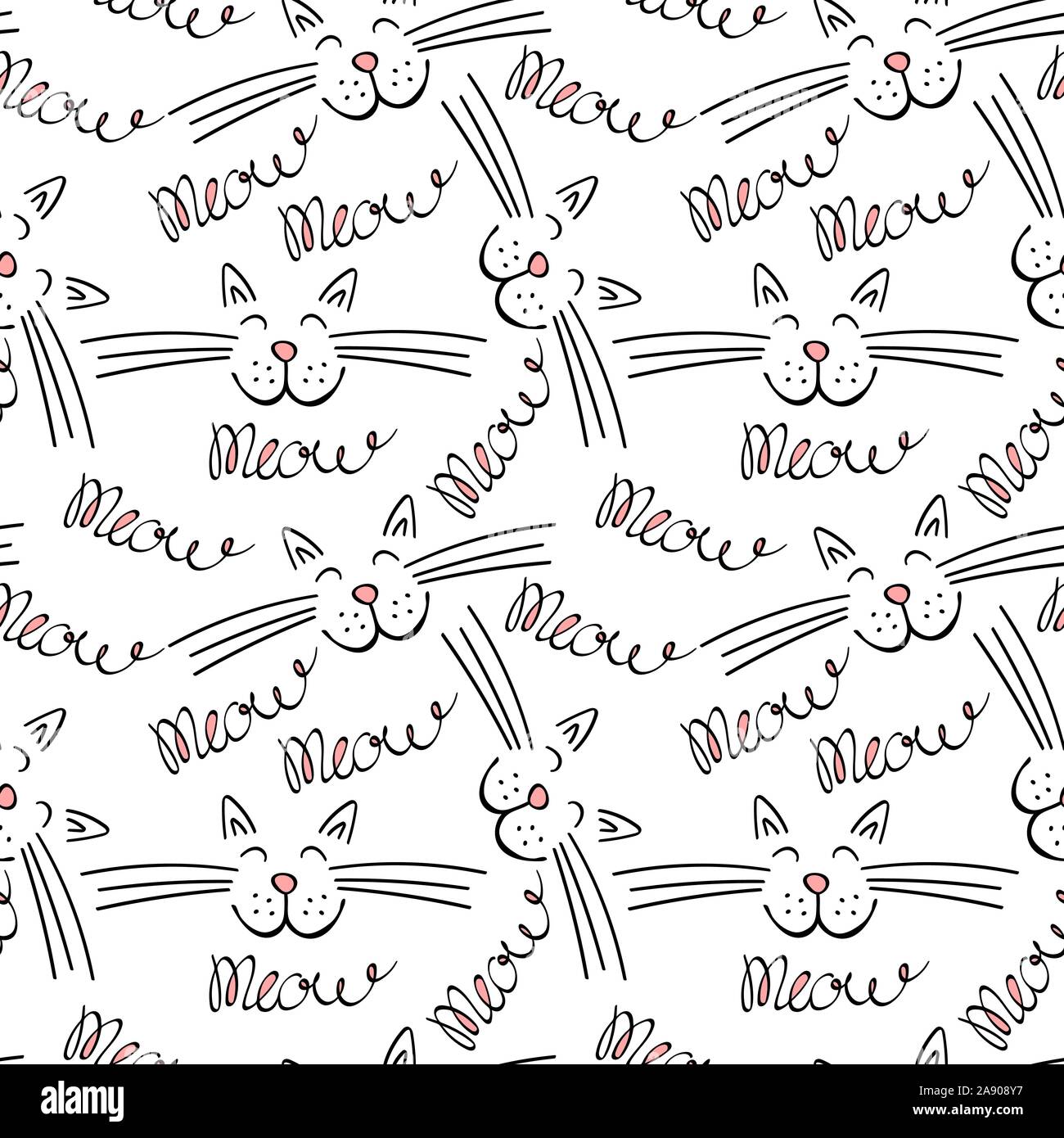 Seamless pattern with meow lettering and cat face. Black hand drawing ...