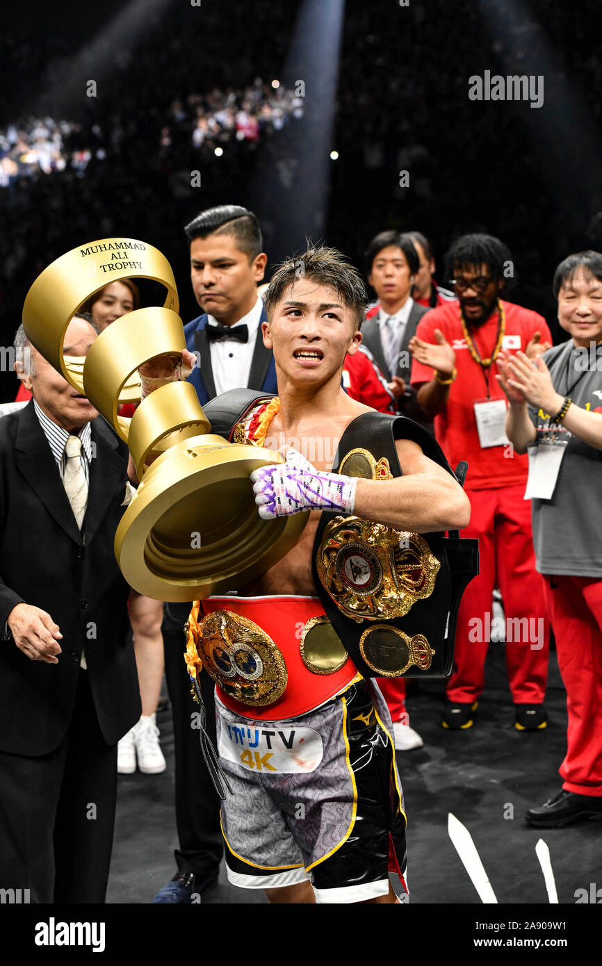 Naoya Inoue of Japan celebrates with the Muhammad Ali Trophy after ...