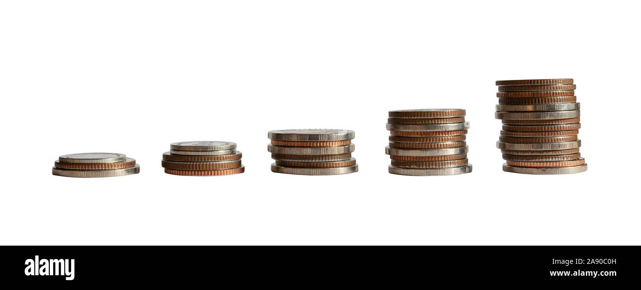 Stacks of Coins in different height isolated on white Stock Photo - Alamy