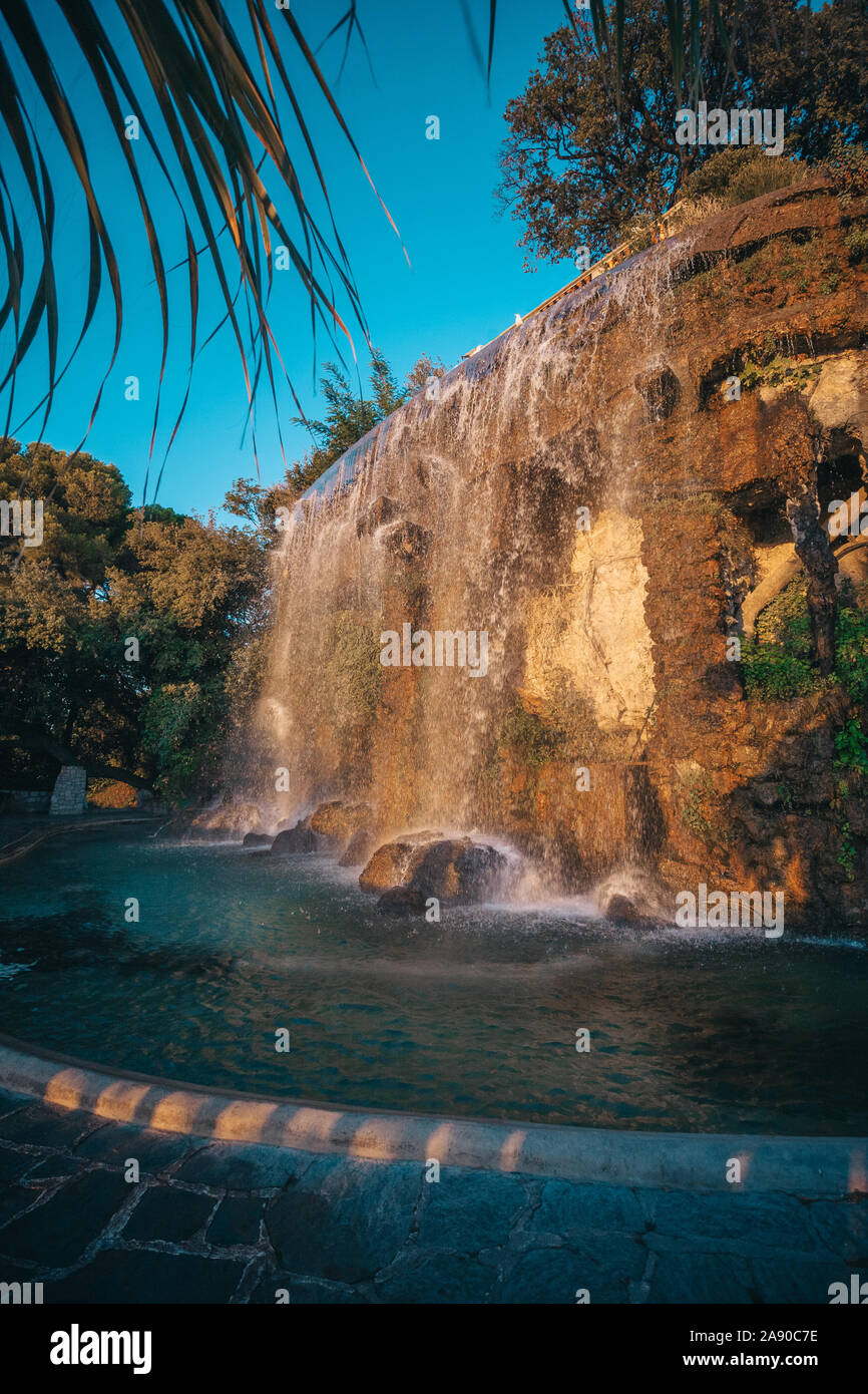 Mountain waterfall at the top of the mountain with a panoramic viewing ...