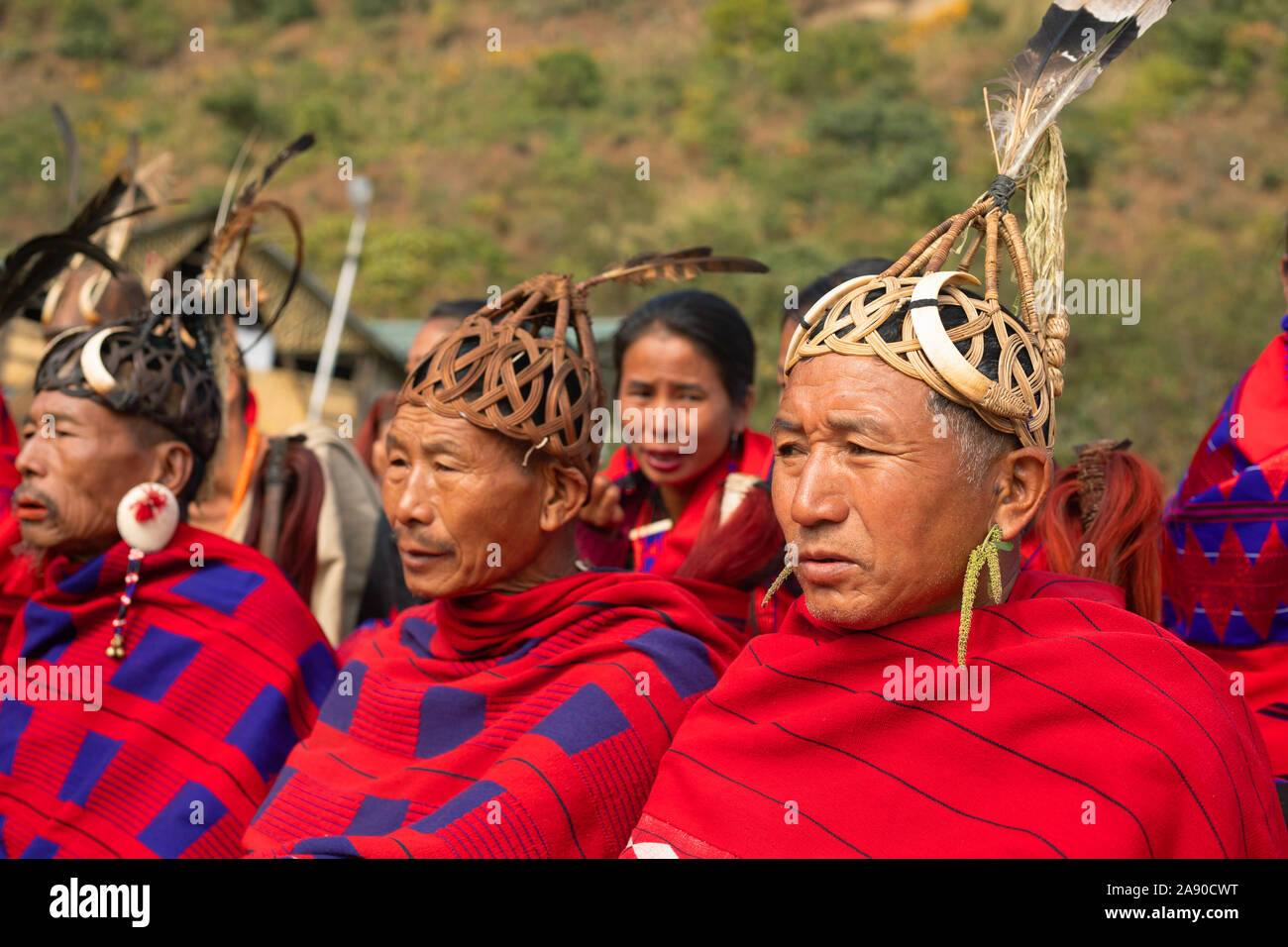 KISAMA, NAGALAND, INDIA, December 2018, Chang Tribe men at Hornbill ...