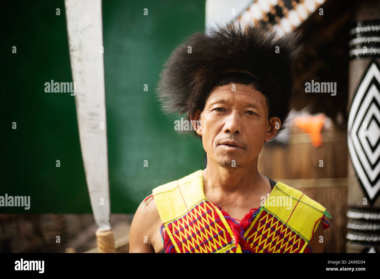 KISAMA, NAGALAND, INDIA, December 2018, Pochury Tribe man at Hornbill ...