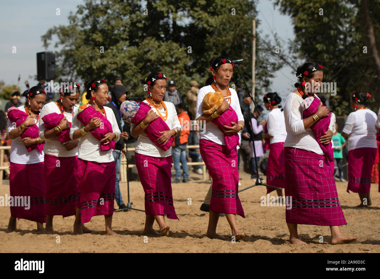 KISAMA, NAGALAND, INDIA, December 2018, Rengma Tribe women singing to ...