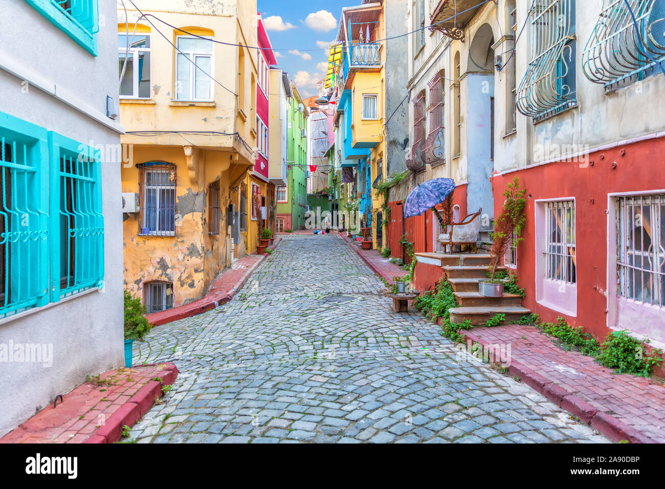 Colorful houses in Istanbul street, Fener area Stock Photo - Alamy