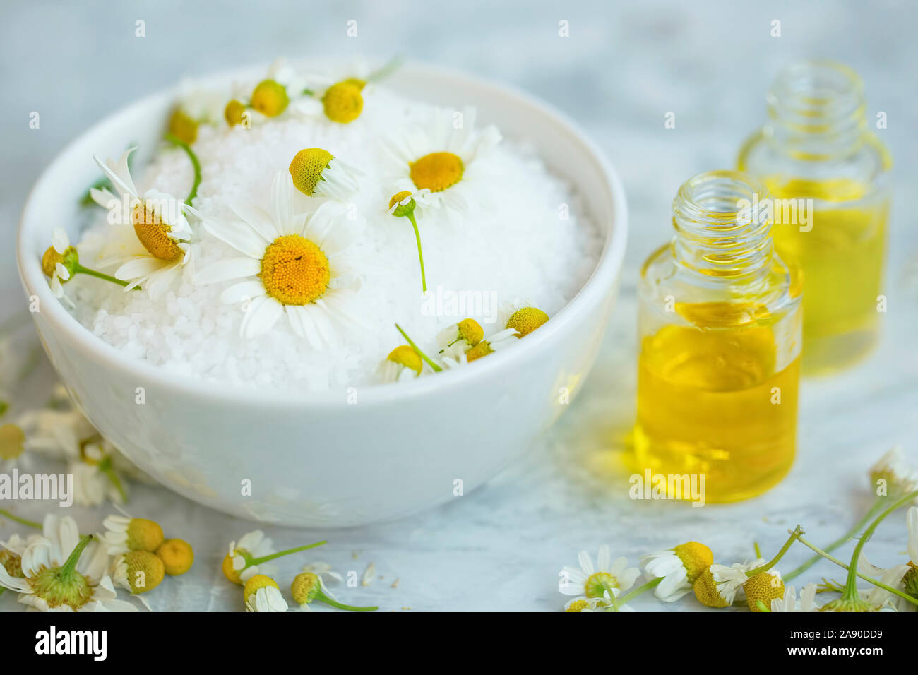 Spa still life bath salt with essential oils and medicinal healing ...