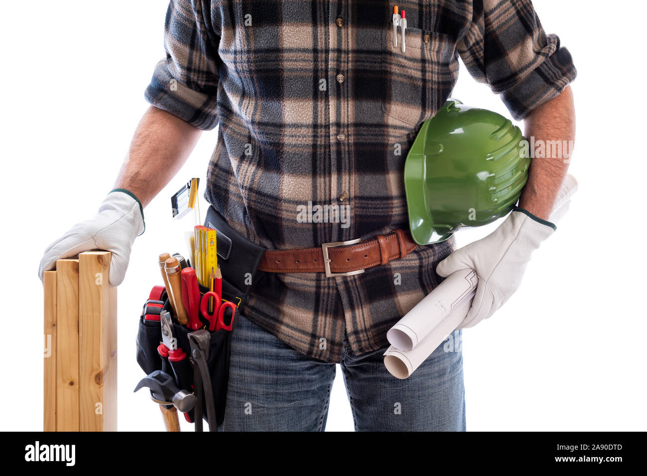 Carpenter isolated on a white background, he wears leather work gloves ...