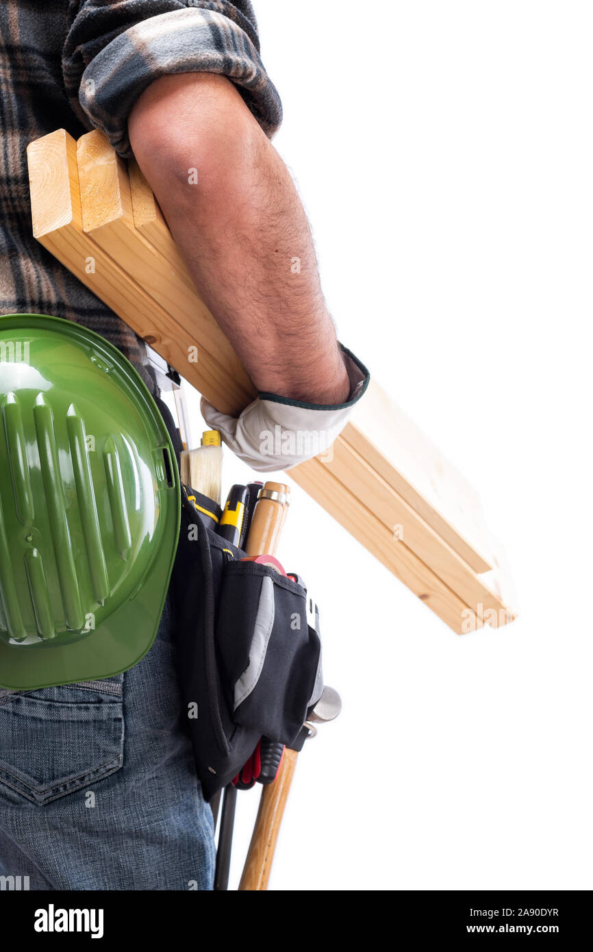 Rear view of a carpenter isolated on a white background; he wears ...