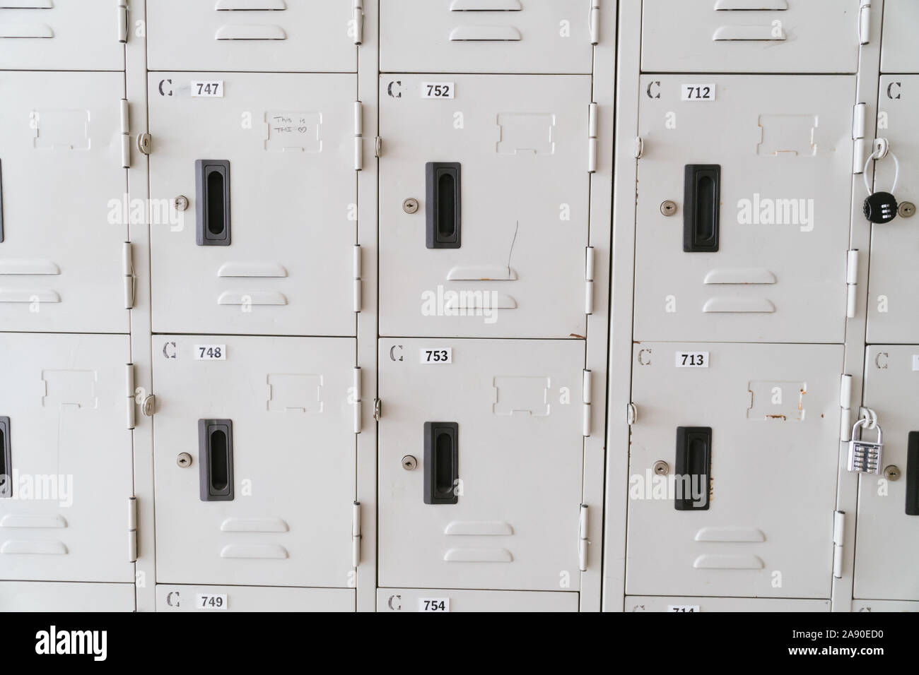 Line of lockers with the lock in the hallway of campus in primary ...