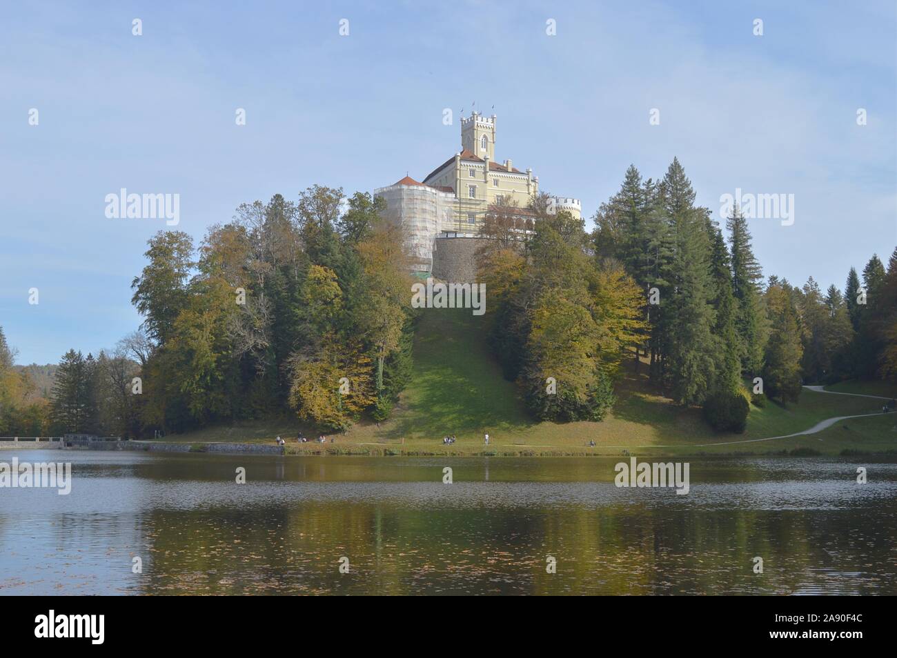 Beautiful medieval Castle Trakošćan on Trakošćan Lake, Croatia Stock ...