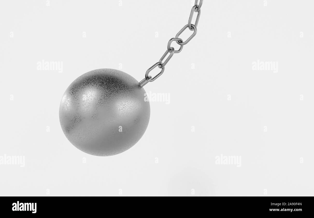 metal chain with a wrecking ball swinging on it. Demolishing works. 3d ...