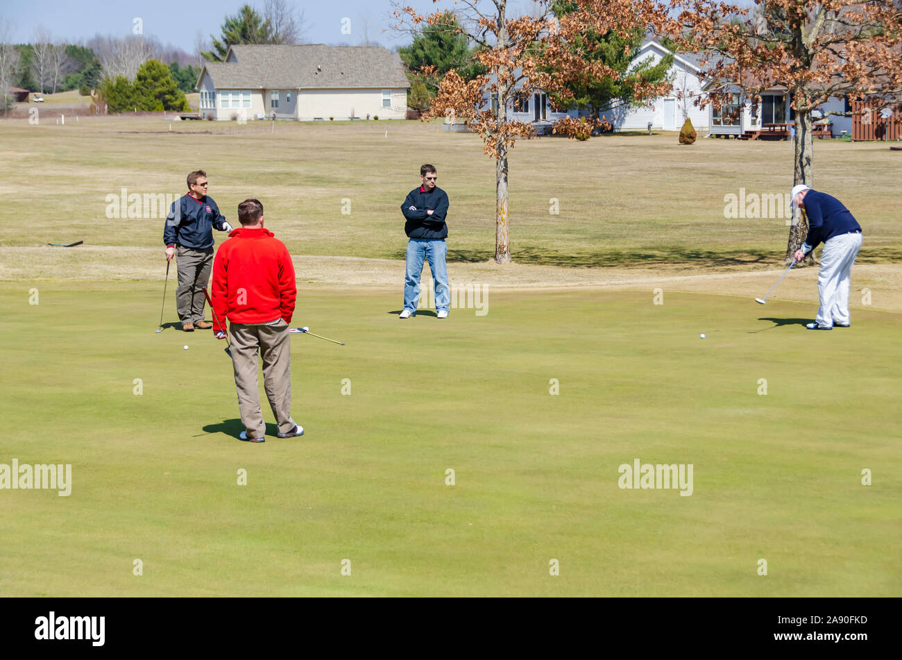 A golfer putting the golf ball while others watch Stock Photo - Alamy