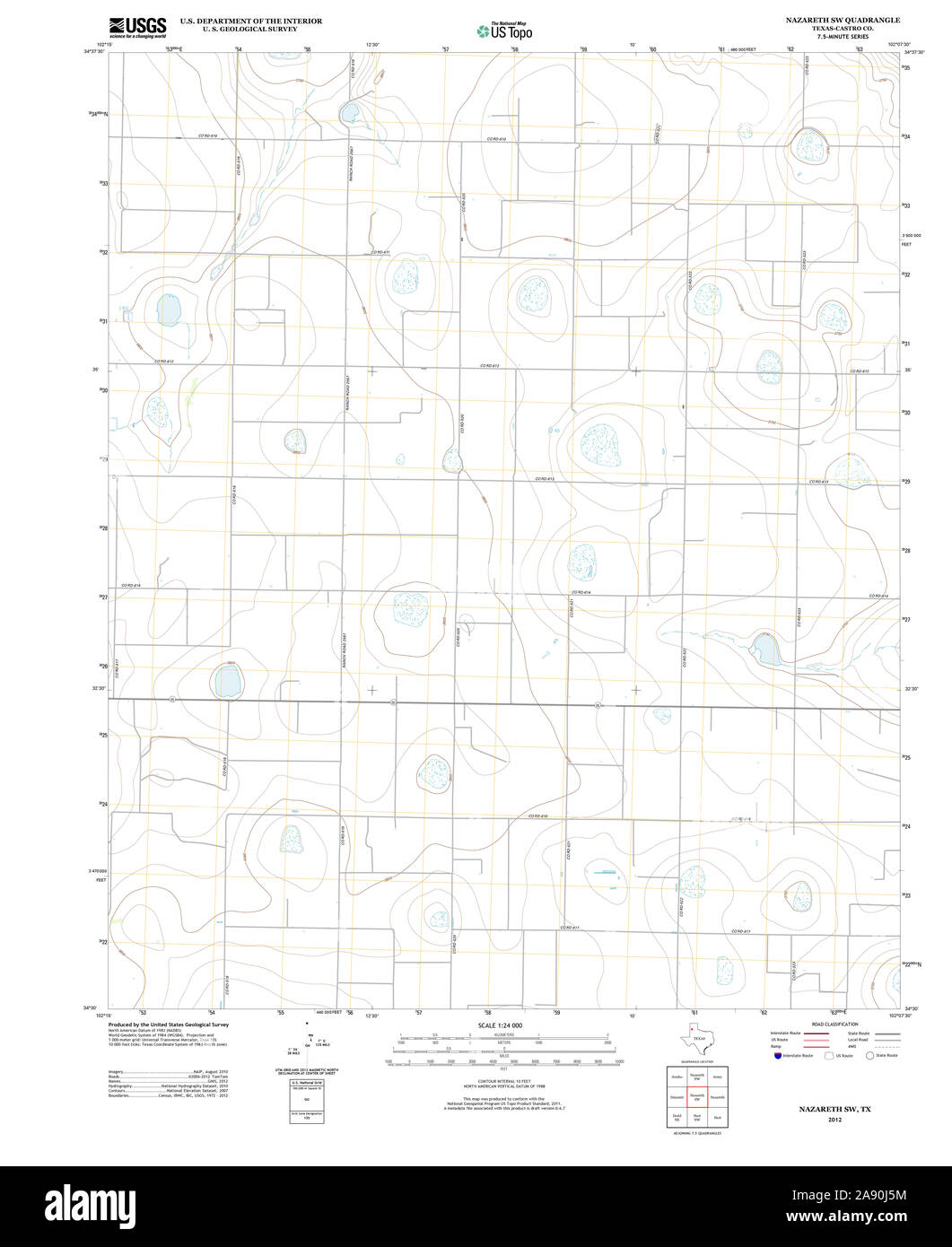 USGS TOPO Map Texas TX Nazareth SW 20121029 TM Restoration Stock Photo ...