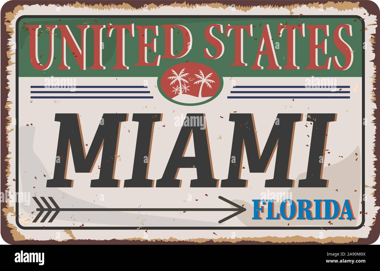 Miami beach vintage rusty metal sign on a white background, vector ...