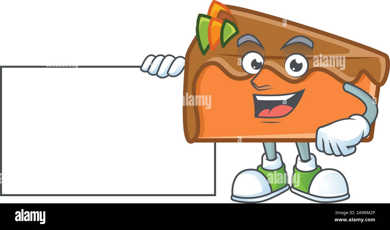 Slice cake chocolate with the mascot grinning with board Stock Vector ...