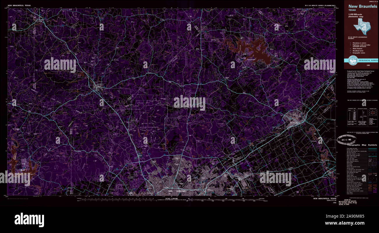 USGS TOPO Map Texas TX New Braunfels 117355 1985 100000 Inverted ...