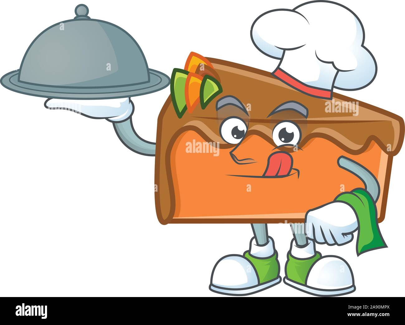 Slice cake in the cartoon character chef holding food Stock Vector ...