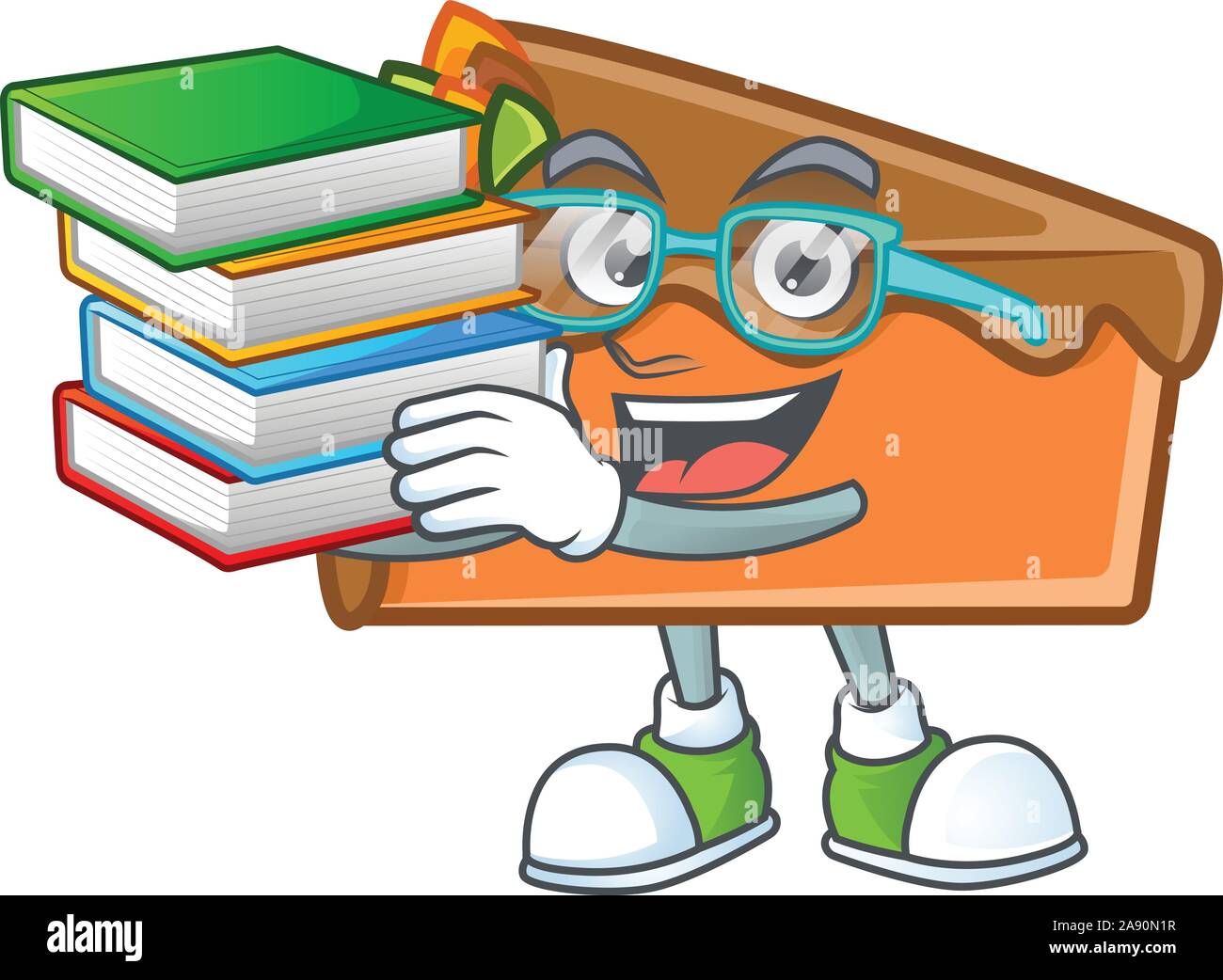 Slice cake character student bring book on white background Stock ...