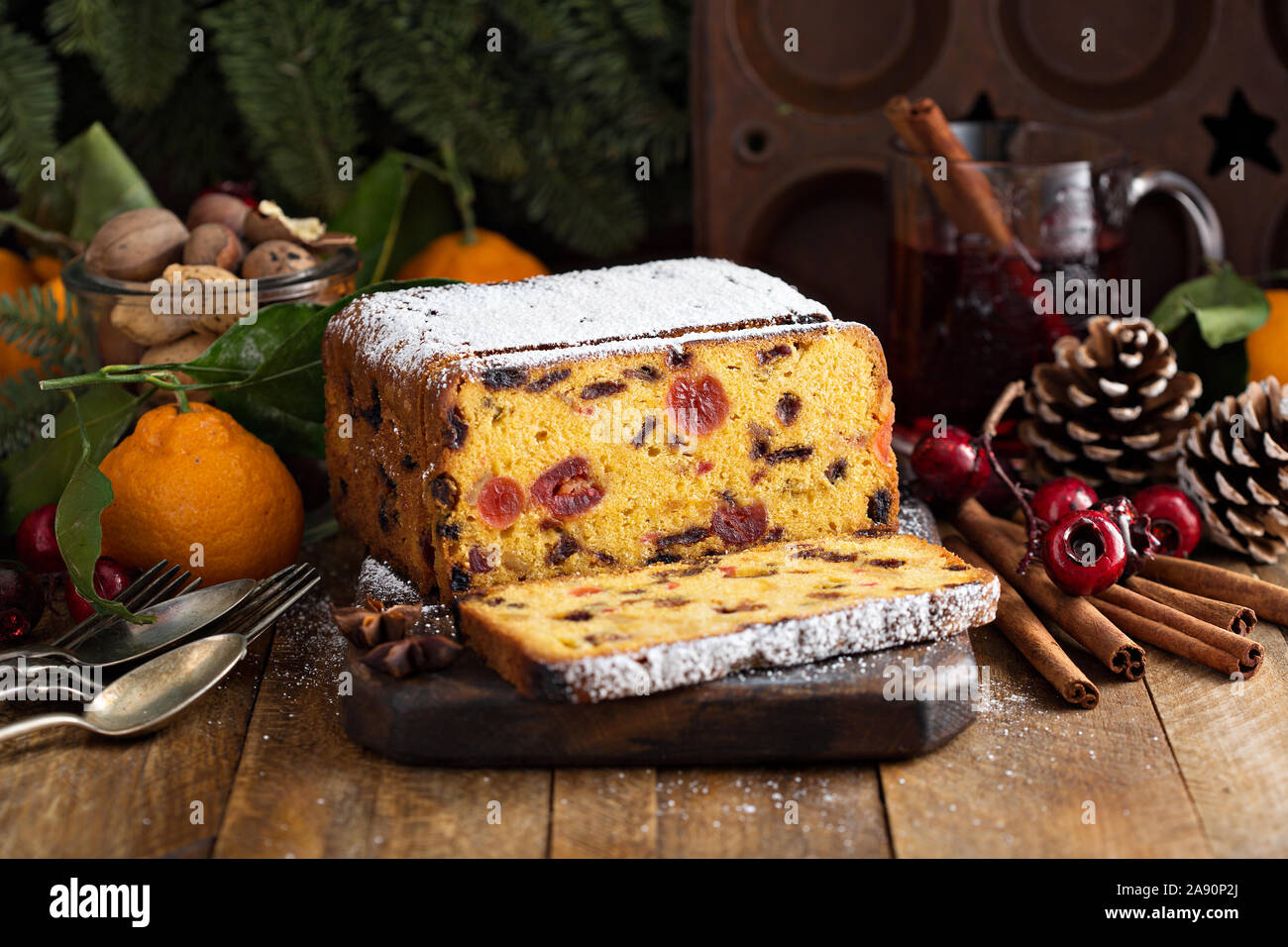 Cherry and chocolate fruit cake, traditional dessert for Christmas on ...