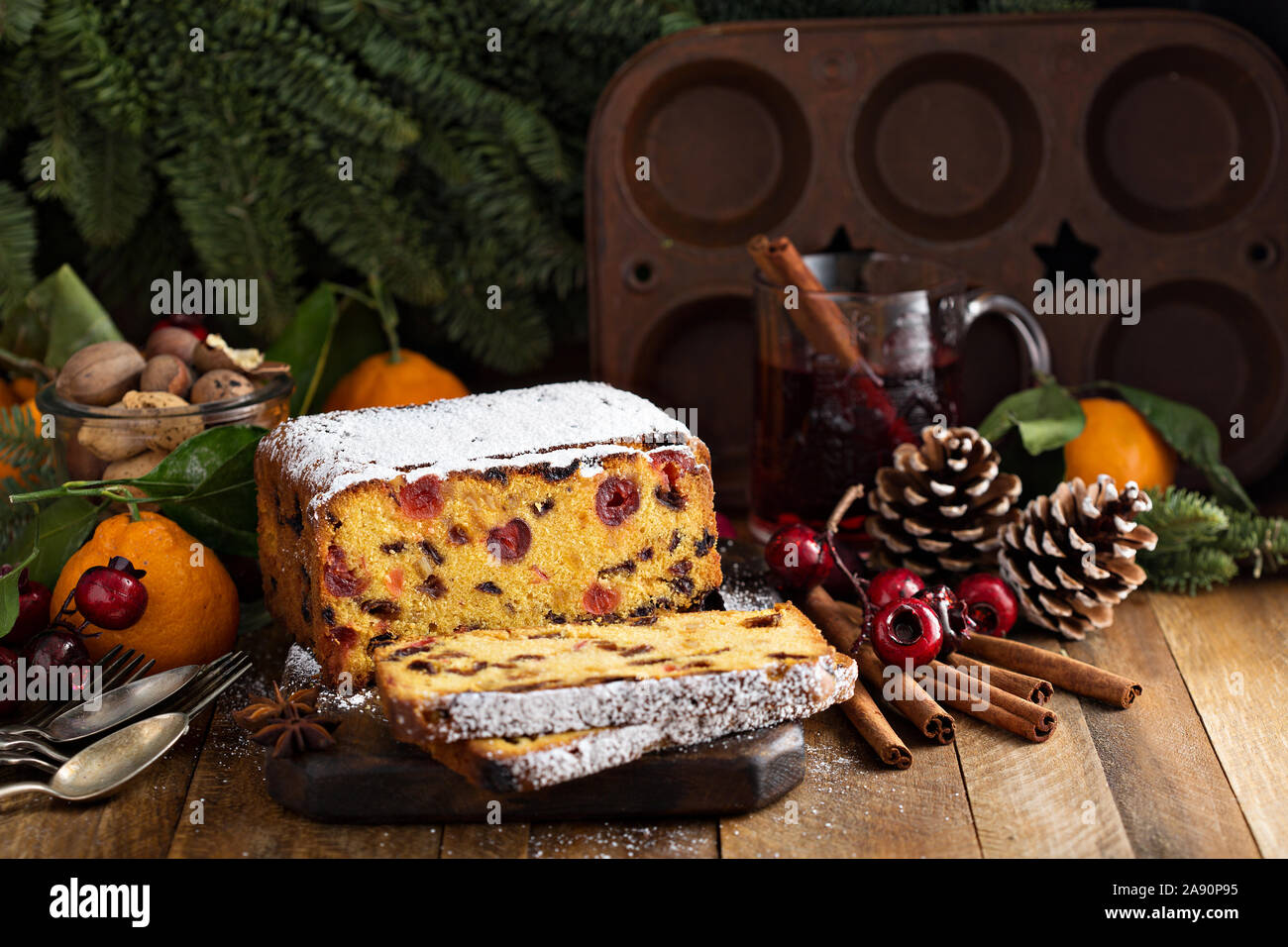 Cherry and chocolate fruit cake, traditional dessert for Christmas on ...