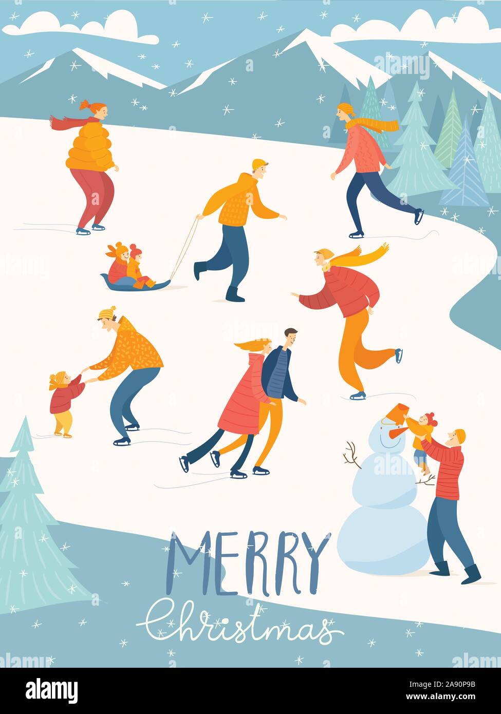 Vector Christmas poster with people do winter activities Stock Vector ...
