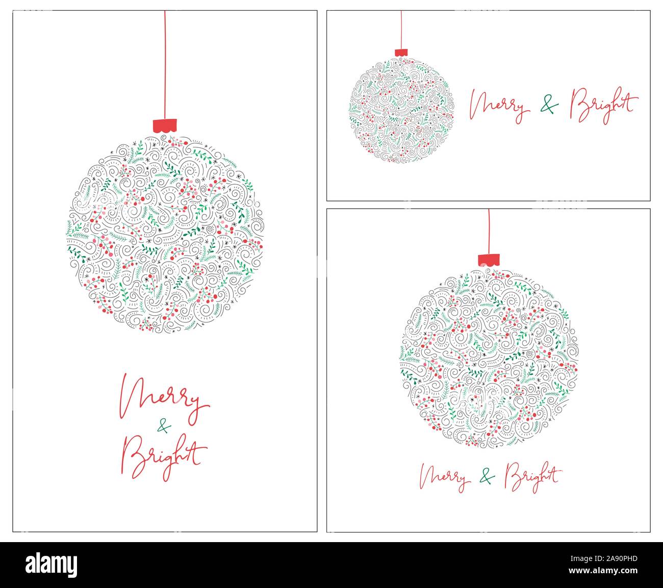 Set of 3 Banners with Merry and Bright Calligraphy Script Words, Bauble ...