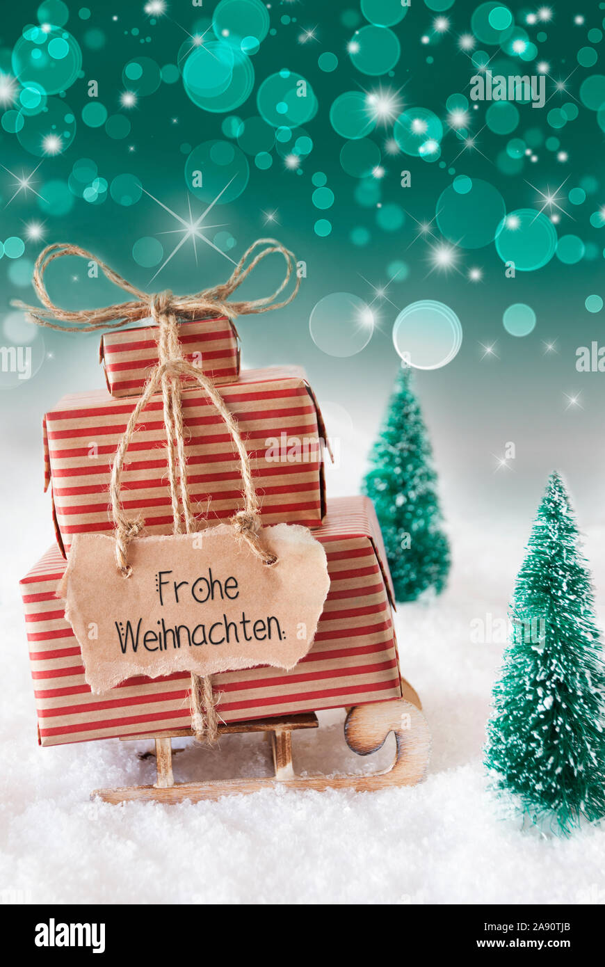 Sled, Present, Snow, Frohe Weihnachten Means Merry Christmas, Green ...