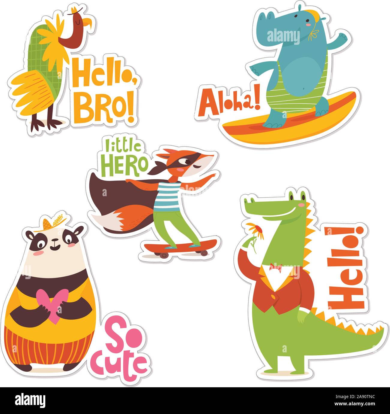 Five stickers with cool cartoon animals and lettering Stock Vector ...