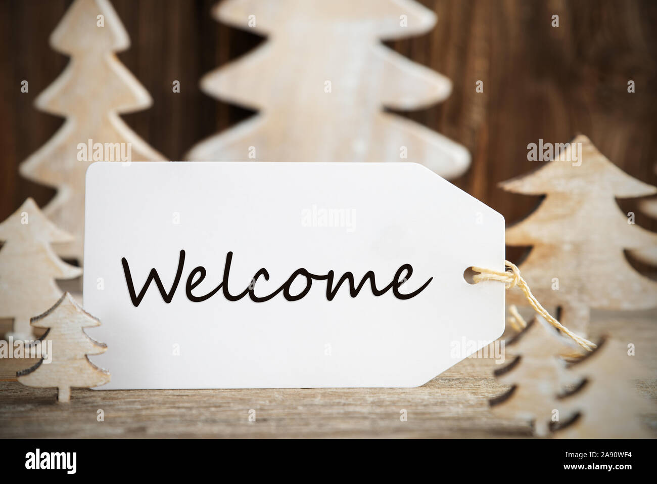 Christmas Tree, Label With English Text Welcome Stock Photo - Alamy