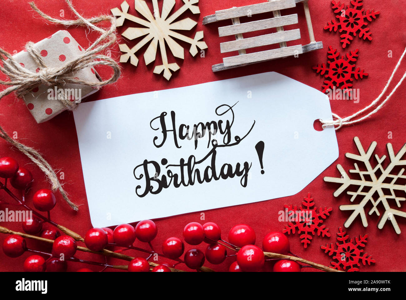 Bright Red Christmas Decoration, Label, Happy Birthday Stock Photo - Alamy