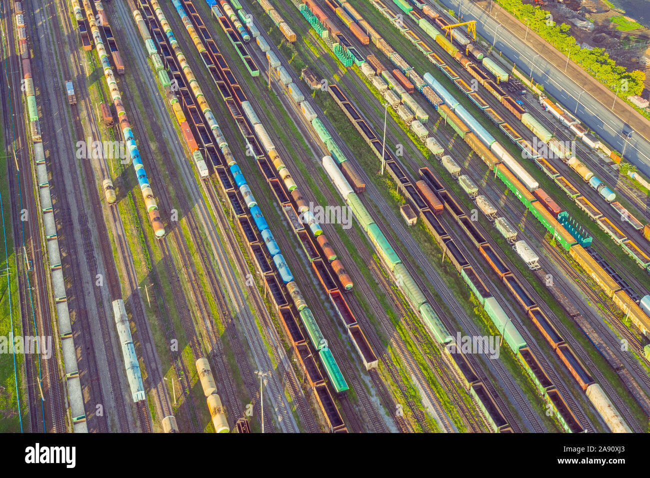 Aerial view of rail sorting freight station with railway cars, with ...