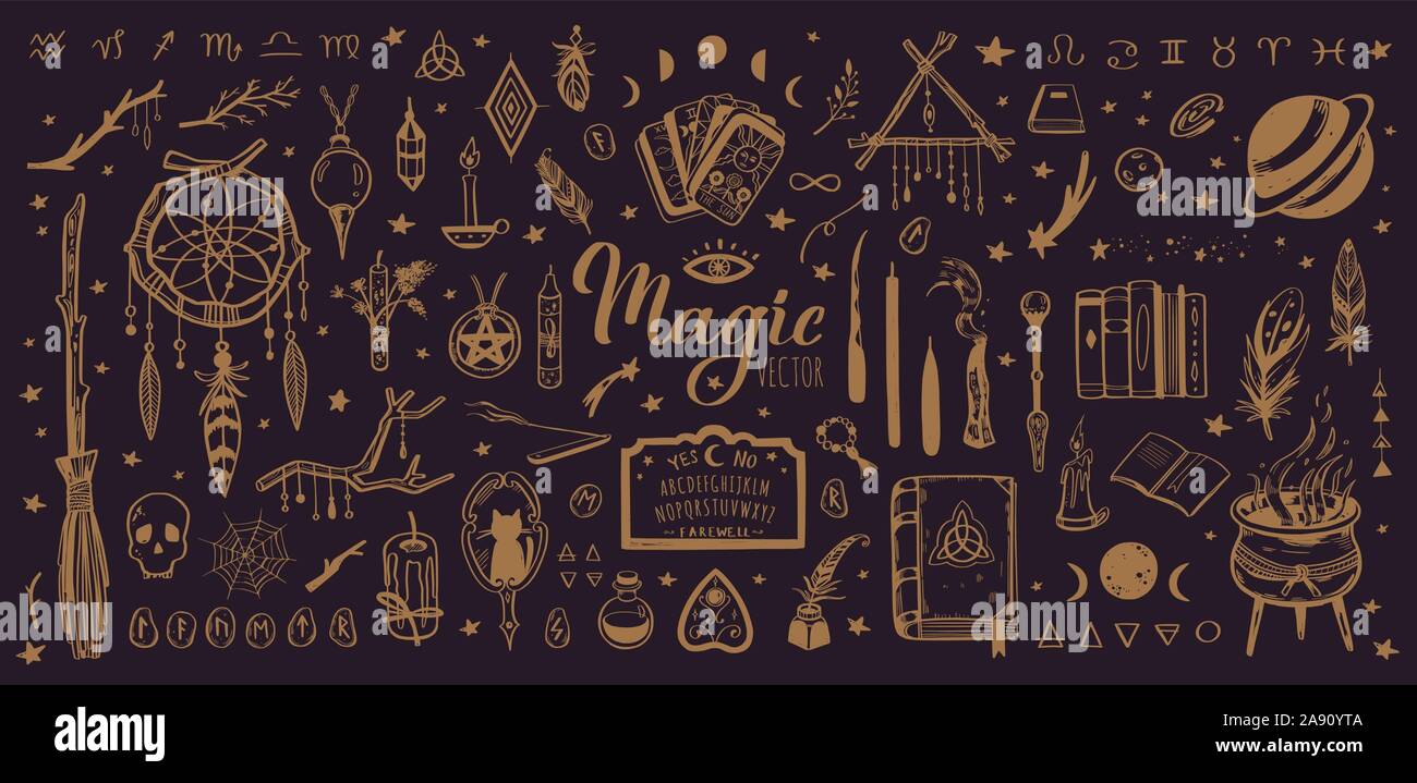 Witchcraft, magic background for witches and wizards. Wicca and pagan tradition. Vector vintage ...