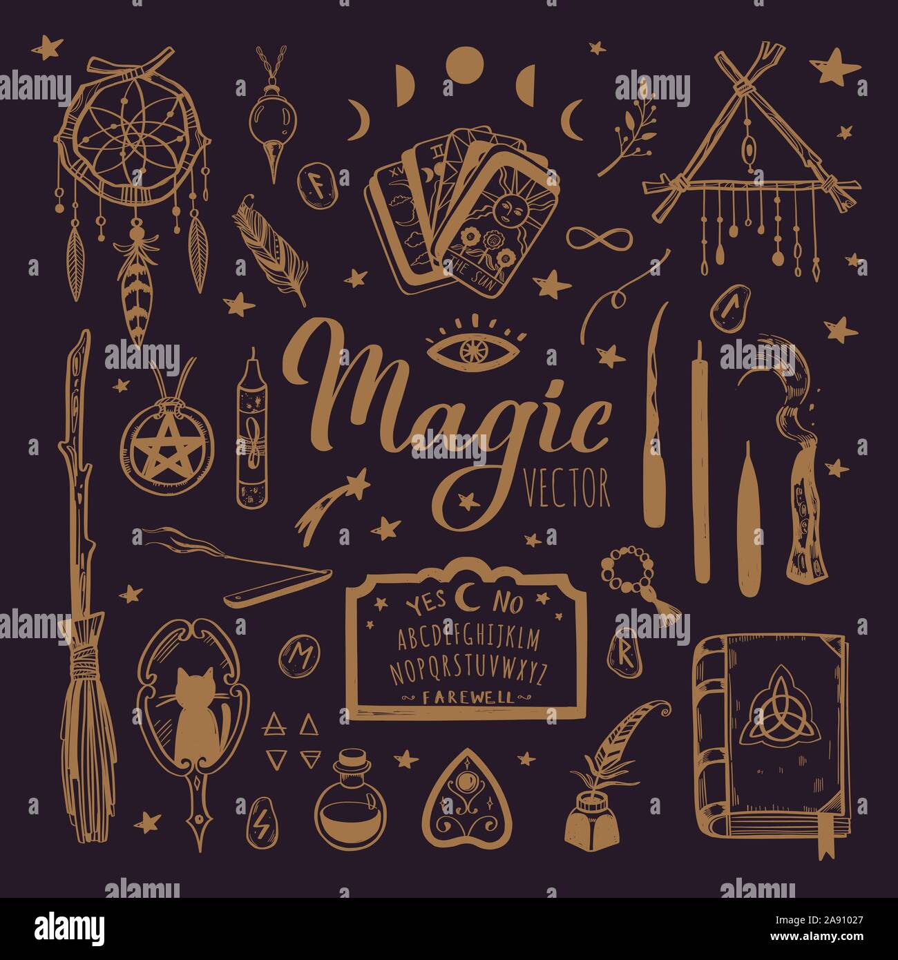 Witchcraft, magic background for witches and wizards. Wicca and pagan tradition. Vector vintage ...