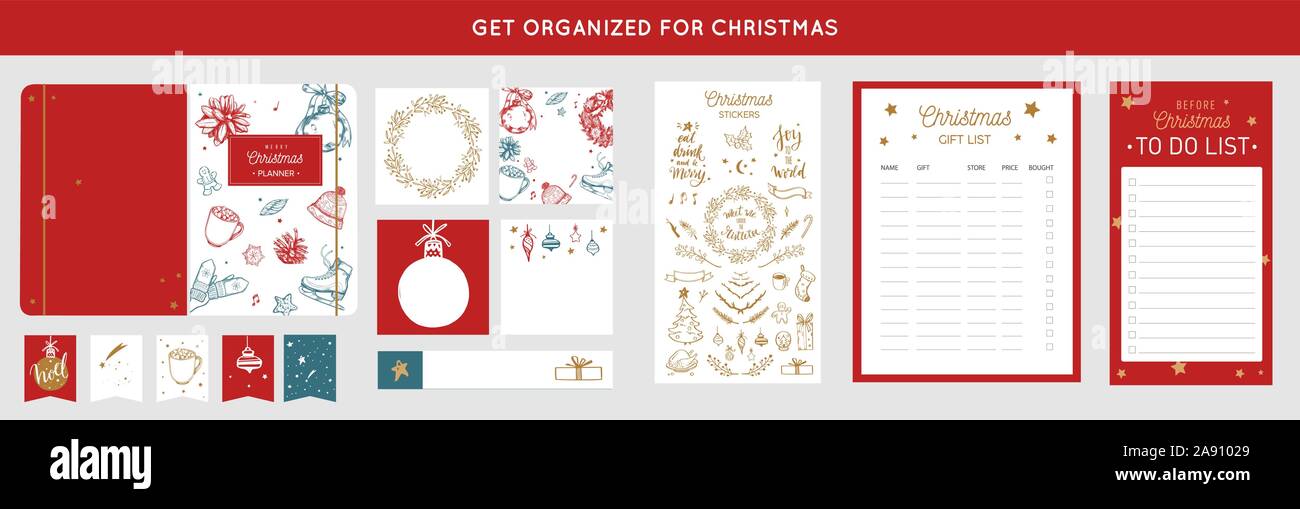 Merry Christmas organizer, planner, notepad, diary with vector hand ...