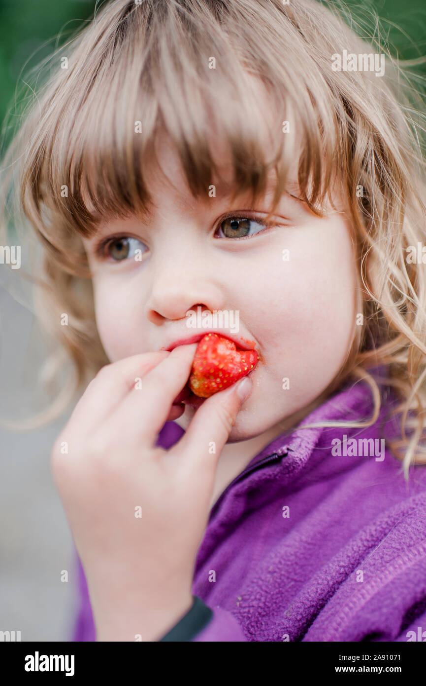 Girl eating strawberry Stock Photo - Alamy