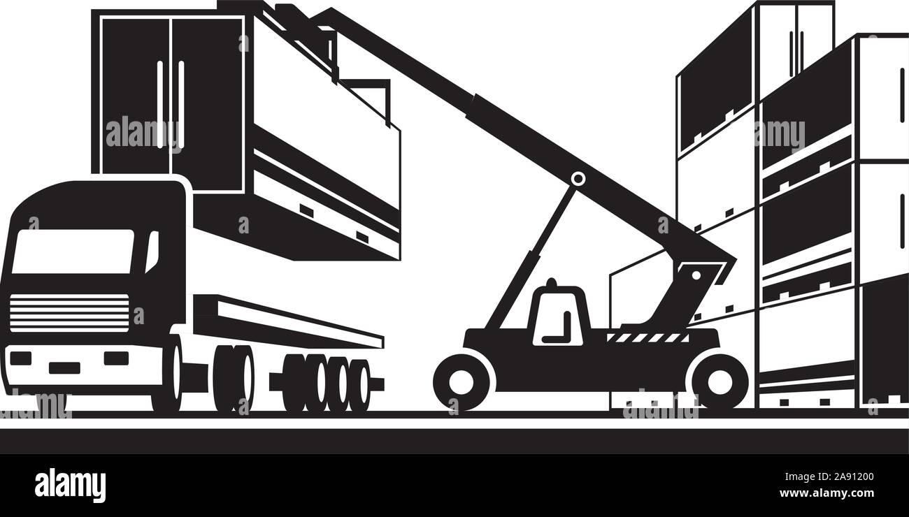 Forklift loading truck with cargo container - vector illustration Stock ...