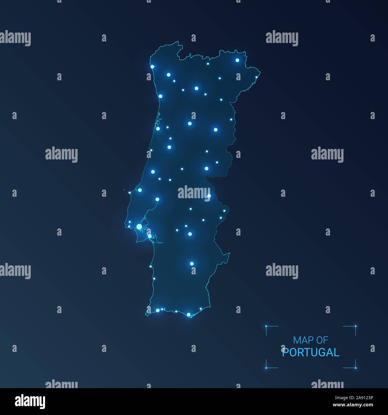 Portugal map with cities. Luminous dots - neon lights on dark ...