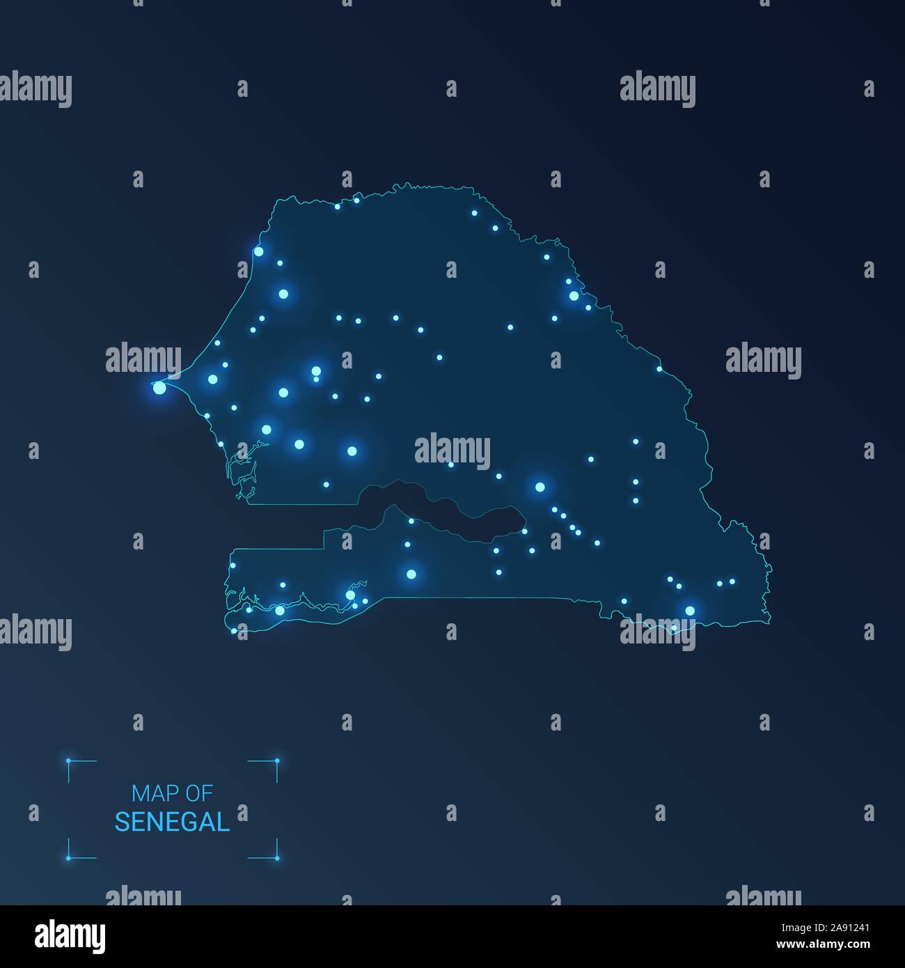 Senegal map with cities. Luminous dots - neon lights on dark background ...