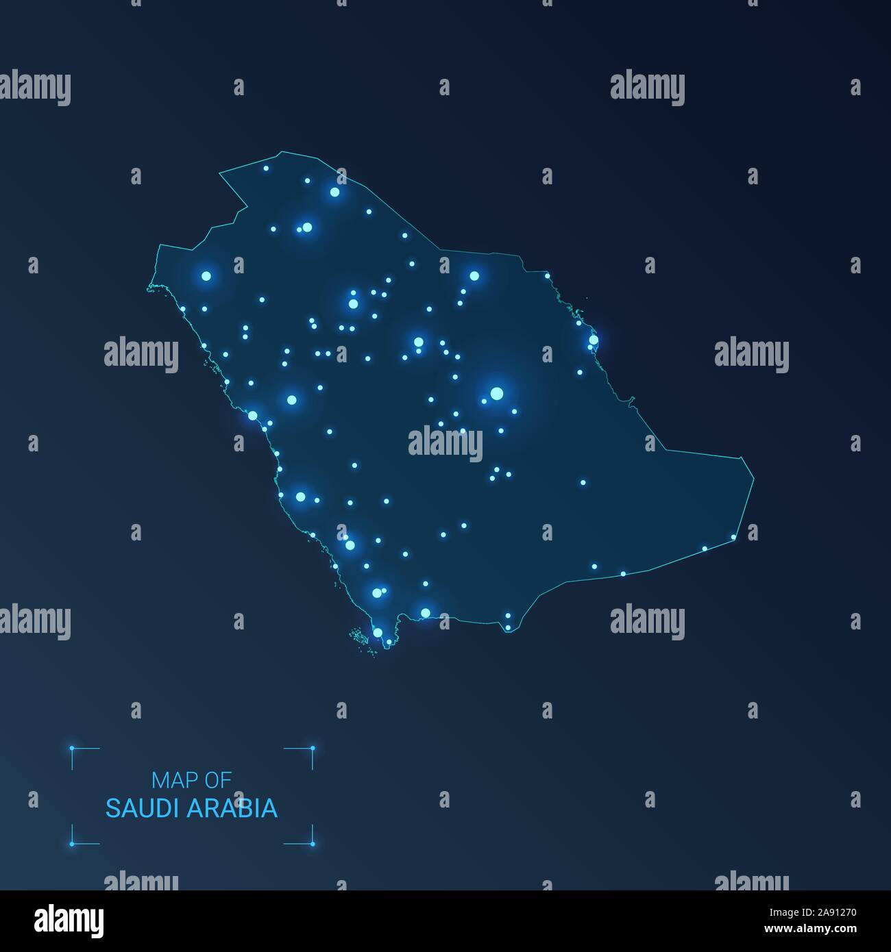 Saudi Arabia map with cities. Luminous dots - neon lights on dark ...