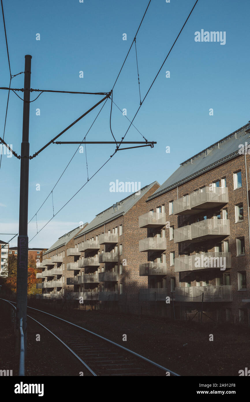Blocks of flats along tram track Stock Photo - Alamy