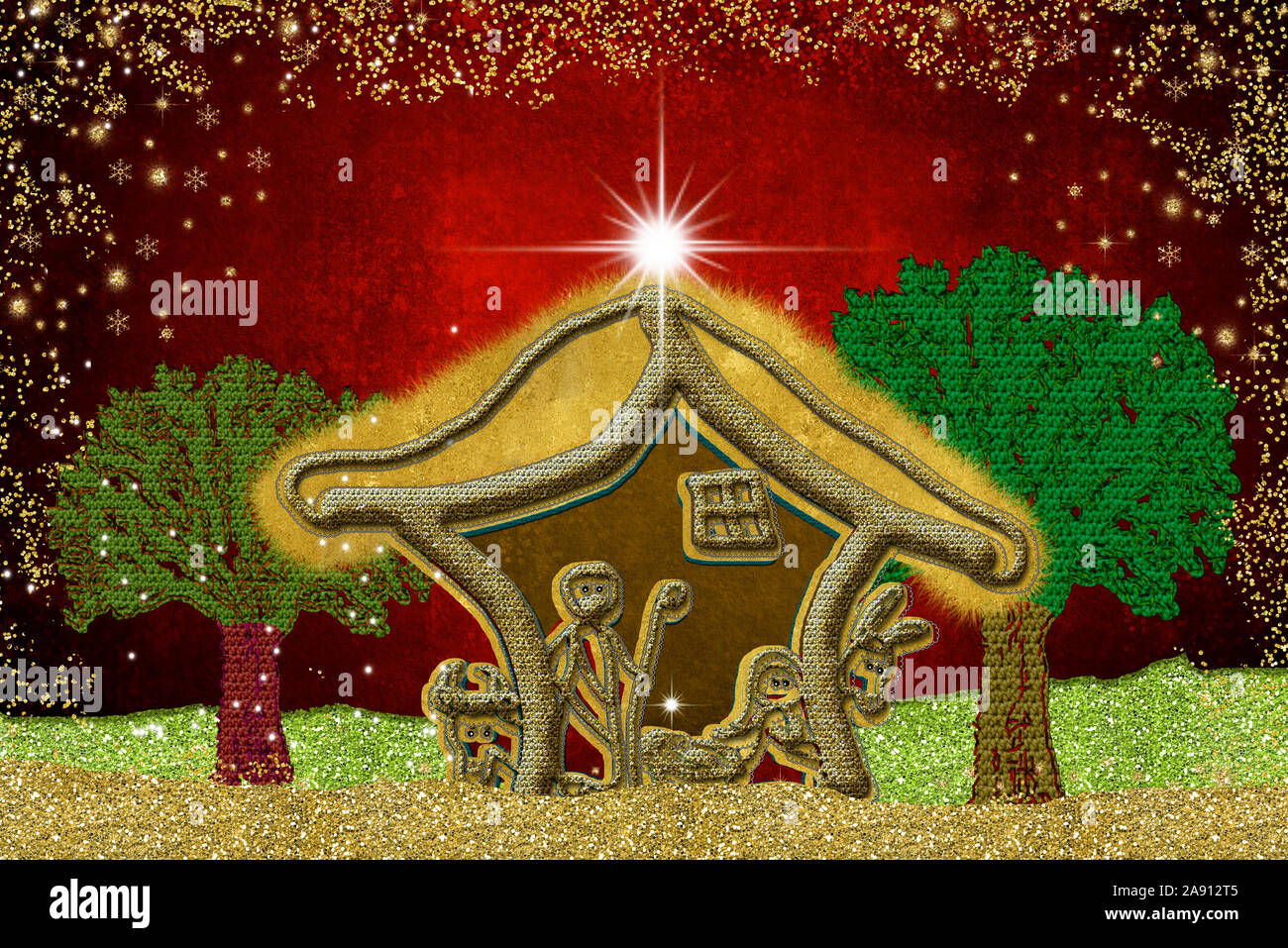 Extravagant Nativity Scene Christmas card. Hand drawing with golden ...