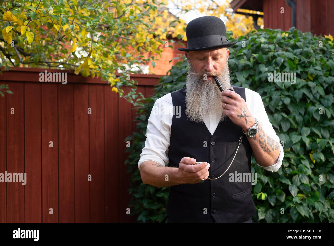Man with long beard smoking pipe Stock Photo - Alamy